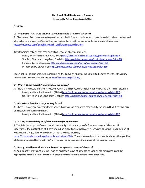 FMLA and Disability Leave of Absence Frequently Asked - Human ...
