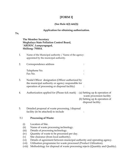 [FORM I] - Meghalaya State Pollution Control Board