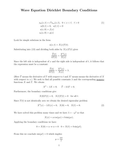 Wave Equation Dirichlet Boundary Conditions Wave Equation Dirichlet Boundary Conditions