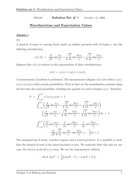 Solution Set 5 Wavefunctions And Expectation Values 3678