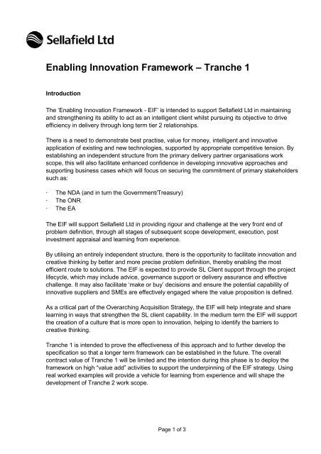Enabling Innovation Framework Specification - Sellafield Ltd