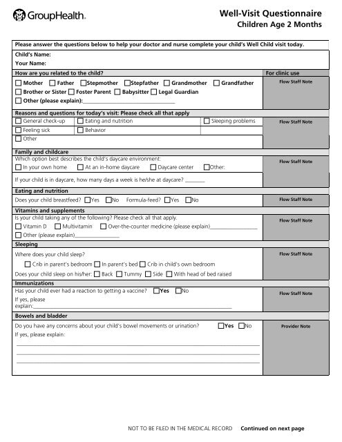 Well-Visit Questionnaire: Children Age 2 Months - Group Health ...