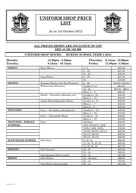 UNIFORM SHOP PRICE LIST - Frederick Irwin Anglican School