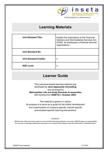 Learning Materials Learner Guide - INSETA
