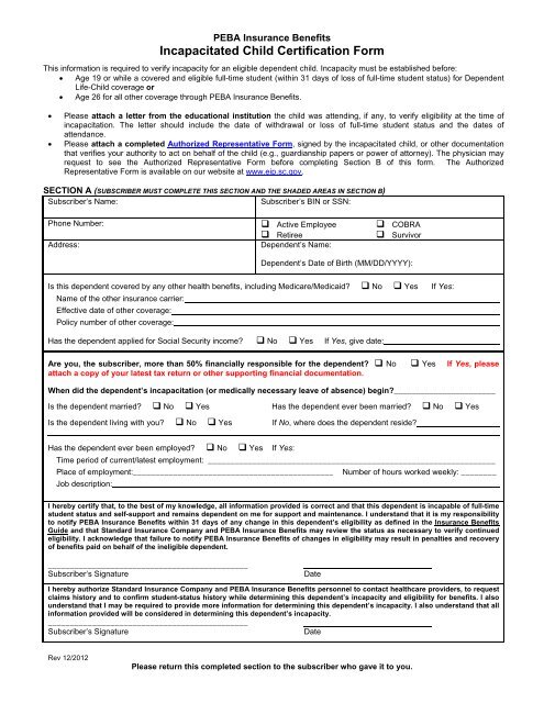 Incapacitated Child Certification Form
