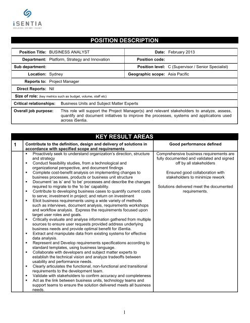 POSITION DESCRIPTION KEY RESULT AREAS