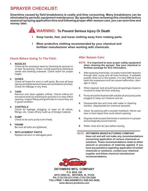 SPRAYER CHECKLIST:Downtim
