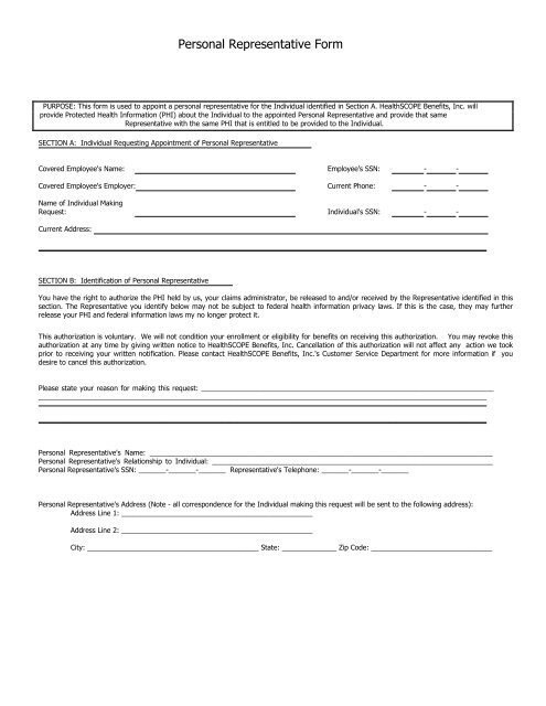 Personal Representative Form - HealthSCOPE Benefits