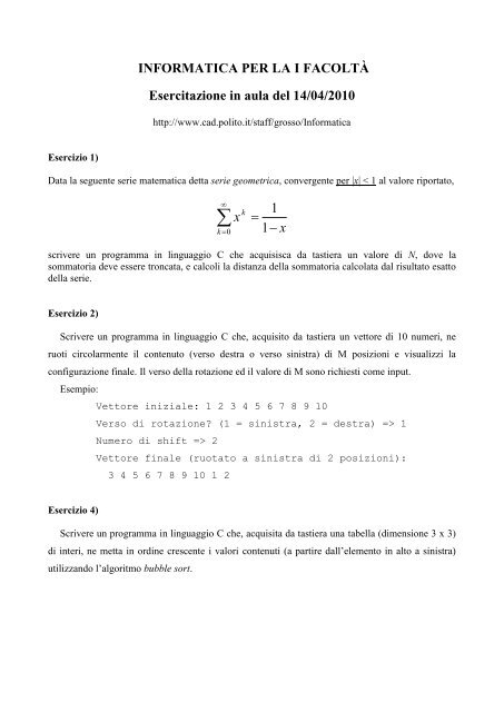 Esercizi di programmazione in C