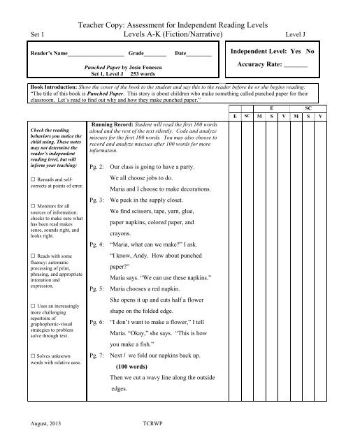 Teacher Copy: Assessment for Independent Reading Levels Levels ...