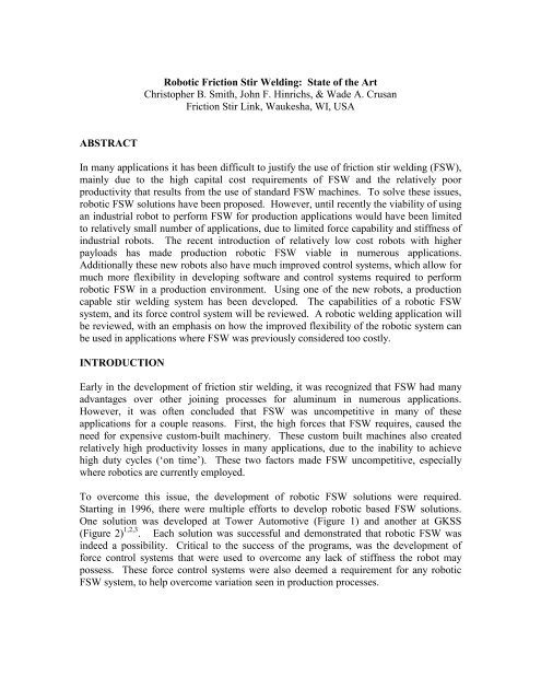 Although friction stir welding (FSW) has numerous ... - Friction Stir Link