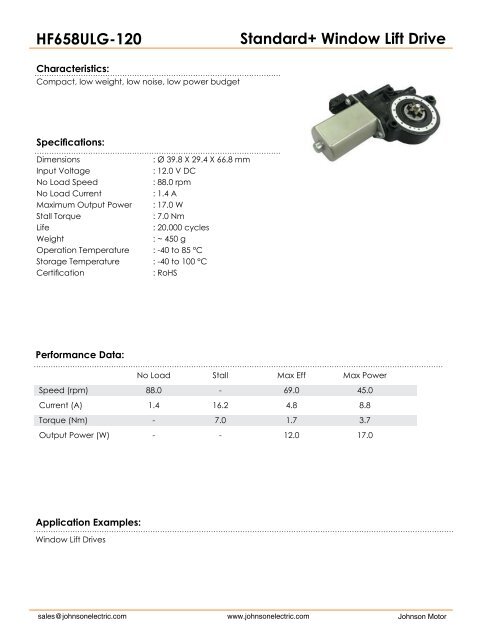 Standard+ Window Lift Drive HF658ULG-120 - Johnson Electric