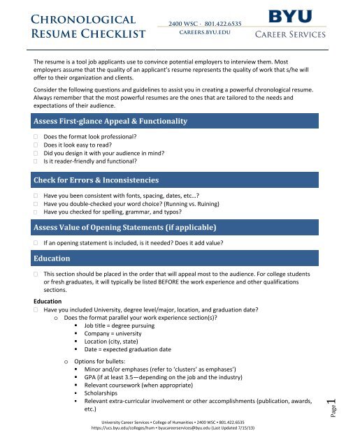 Chronological Resume Checklist - University Career Services