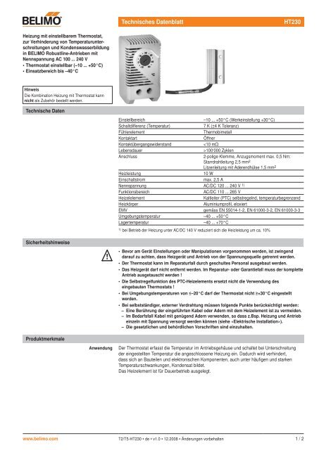 Technisches Datenblatt HT230 - Belimo