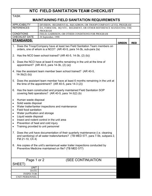 NTC FIELD SANITATION TEAM CHECKLIST