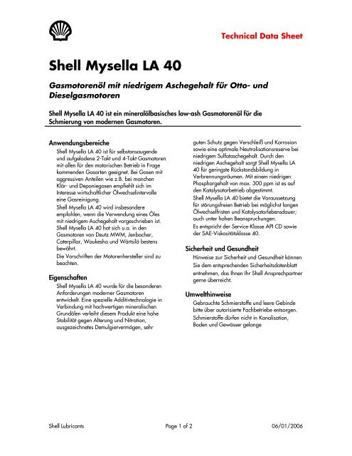 Shell Mysella LA 40 - Schmierstoff-Datenbank