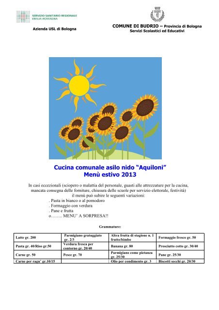 Menù estivo Asilo Nido - Comune di Budrio