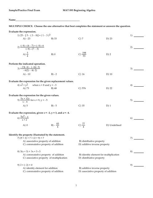Sample/Practice Final Exam MAT 095 Beginning Algebra ...