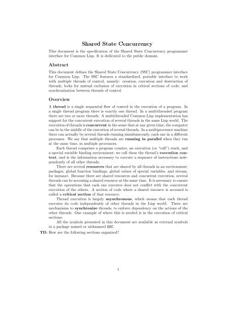 Shared State Concurrency - Common Lisp.net Shared State Concurrency - Common Lisp.net
