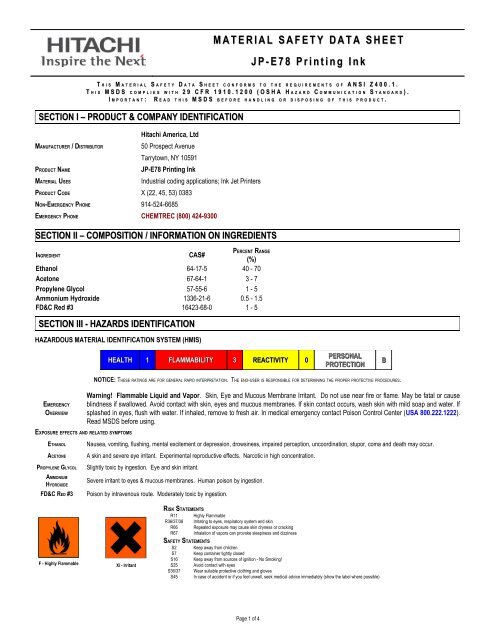 JP-E78 Printing Ink | Material Safety Data Sheet : Hitachi America, Ltd.