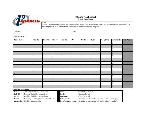 Flag Football Stat Sheet I9 Sports
