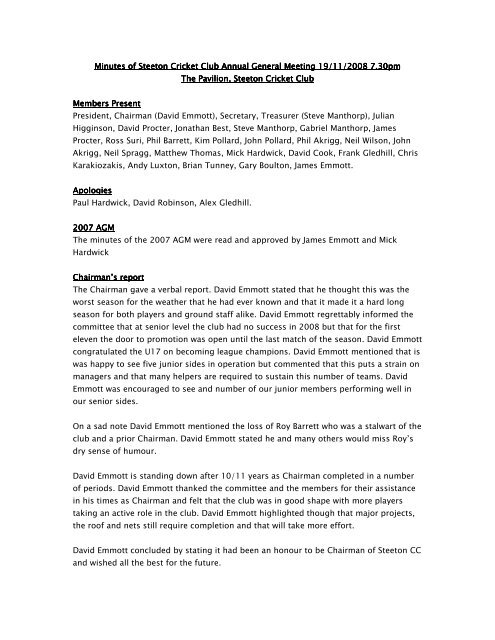 Minutes of Steeton Cricket Club Annual General Meeting Minutes of ...