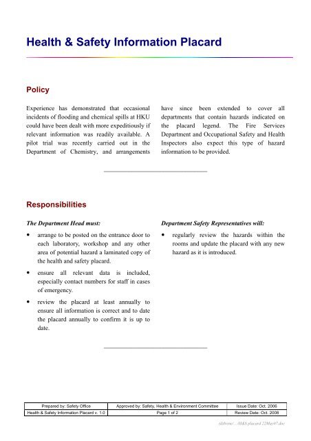 Health & Safety Information Placard - Safety.hku.hk