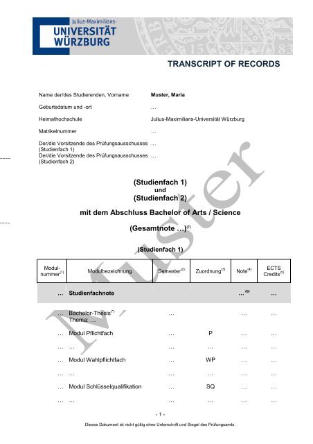 TRANSCRIPT OF RECORDS - ZiLS - Universität Würzburg