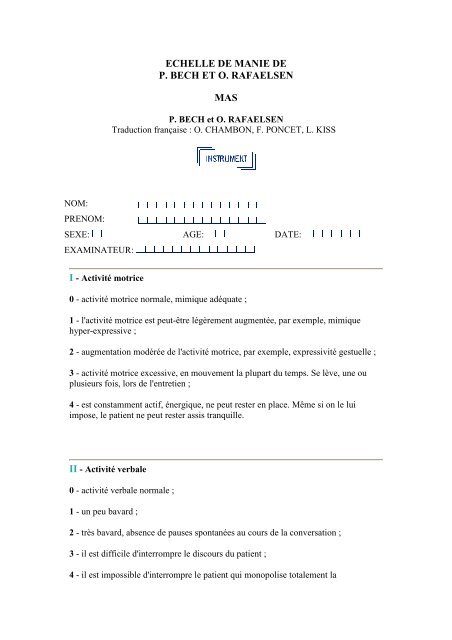 ECHELLE DE MANIE DE BECH et RAFAELSEN