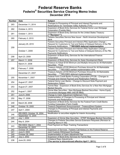 Fedwire Securities Service Clearing Memo Index - FRBservices.org
