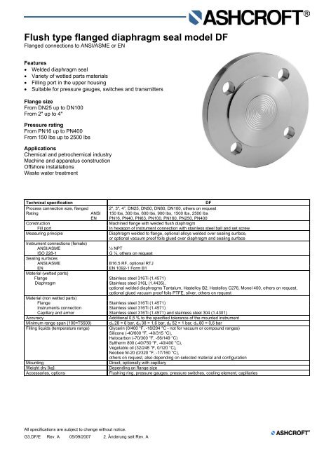 Flush type flanged diaphragm seal model DF - Ashcroft Instruments ...