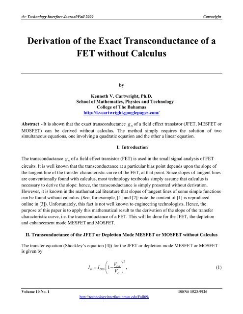 Derivation of the Exact Transconductance of a FET without Calculus