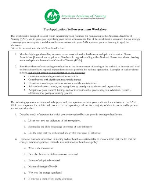 Pre-Application Self-Assessment /Criteria for Admission - American ...