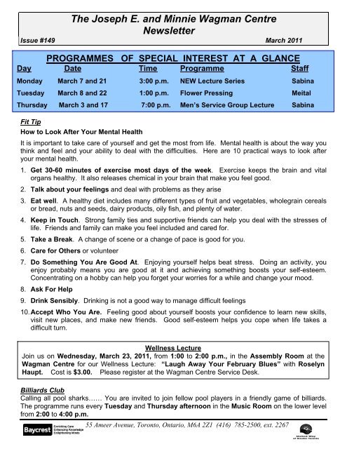 The Joseph E. and Minnie Wagman Centre Newsletter - Baycrest