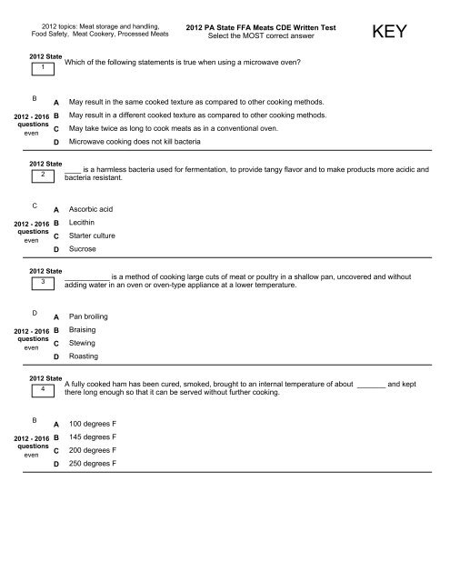 Meats test bank - sample questions - Pa FFA