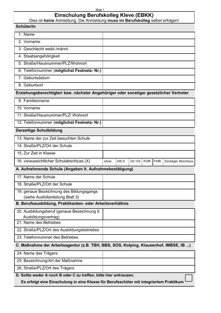 Einschulungsformular EBKK-Bogen 2010 - Berufskolleg Kleve