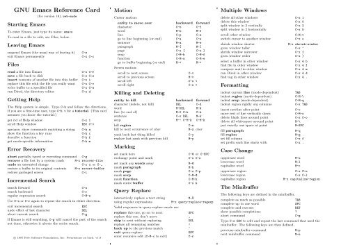 Gnu Emacs Reference Card Cs Course Webpages
