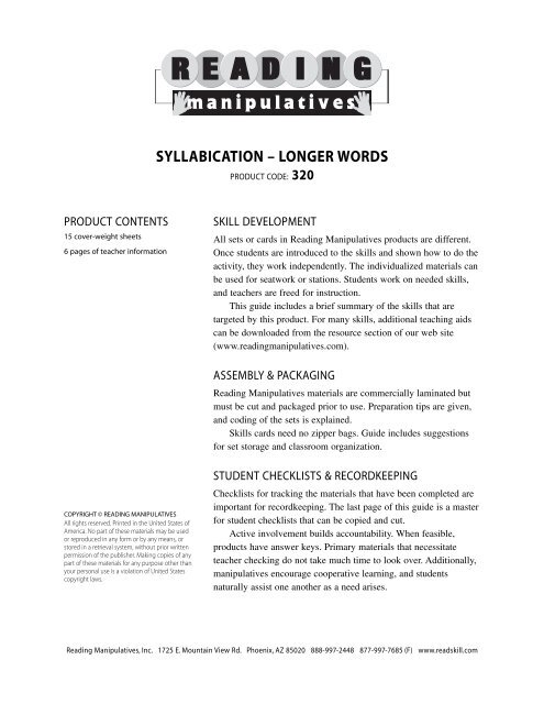 SYLLABICATION â LONGER WORDS - Reading Manipulatives