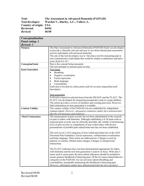 Pain Assessment in Advanced Dementia - Pain Resource Center