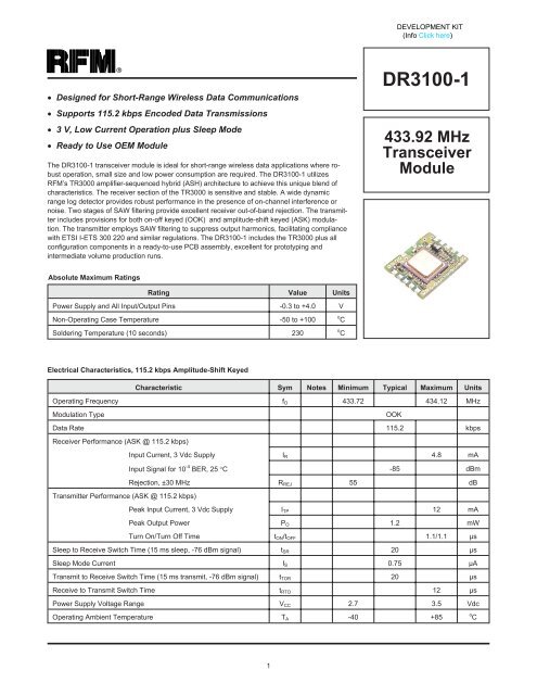 DR3100-1 433.92 MHz Transceiver Module