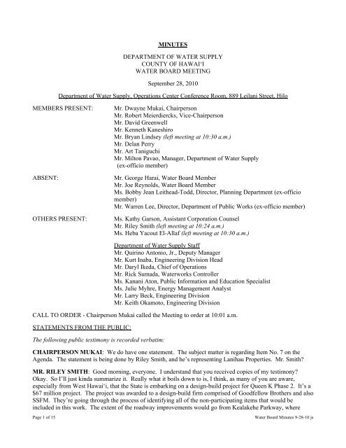MINUTES DEPARTMENT OF WATER SUPPLY ... - Hawaiidws.org