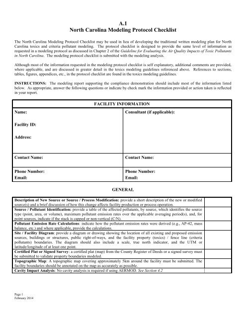 North Carolina Modeling Protocol Checklist - Division of Air Quality