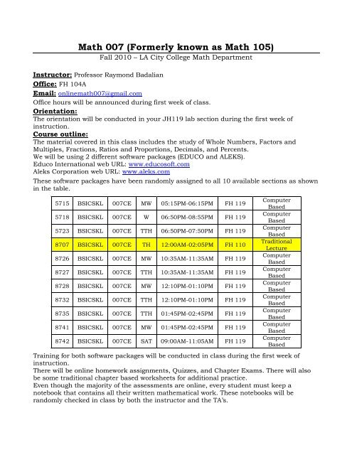 Math 007 (Formerly known as Math 105)