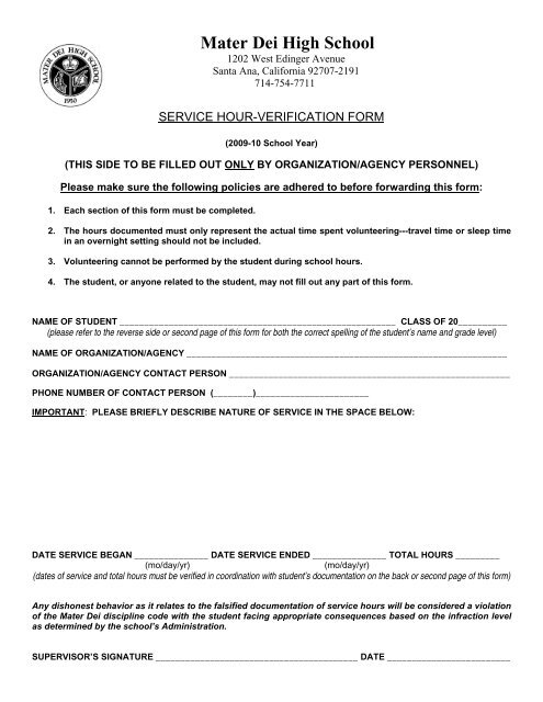 Service Hour Verification Form - Mater Dei High School