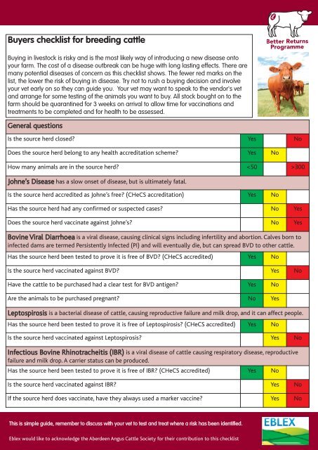 Purchasing checklist for breeding cattle - Eblex