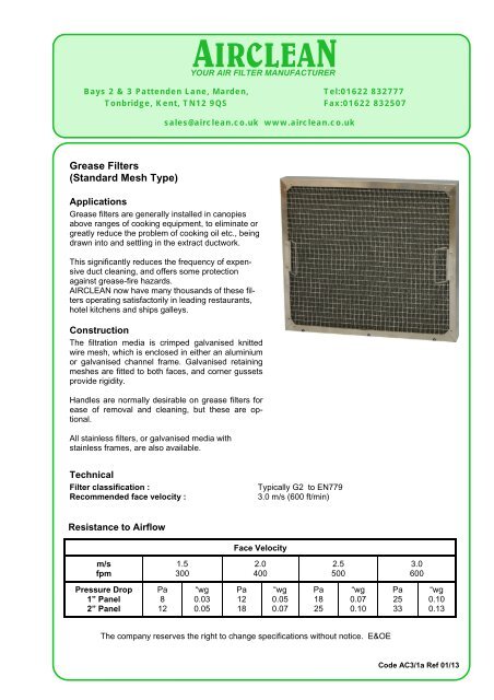 1310 Mesh Grease Filters - Catalogue