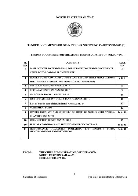 1 NORTH EASTERN RAILWAY TENDER DOCUMENT FOR OPEN ...