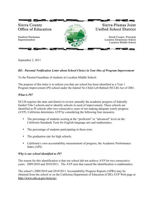 Parental Notification Letter about School Choice in Year One of ...