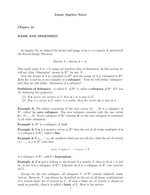 Linear Algebra Notes Chapter 21 BASIS AND DIMENSION In ... Linear Algebra Notes Chapter 21 BASIS AND DIMENSION In ...