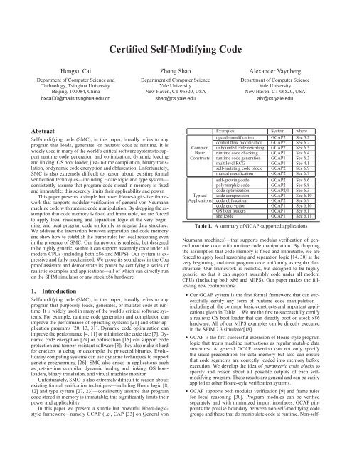 Certified Self-Modifying Code - The Flint Project - Yale University